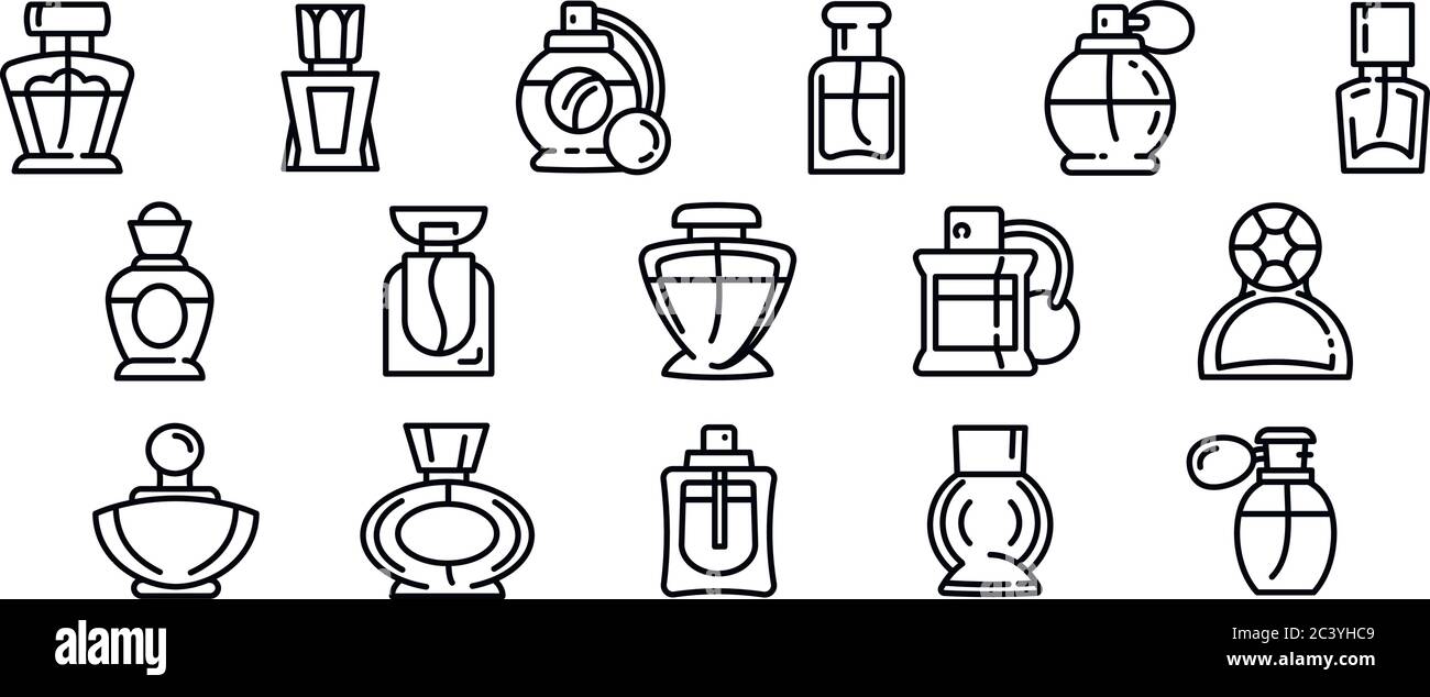 Fragrance bottles icons set. Outline set of fragrance bottles vector ...