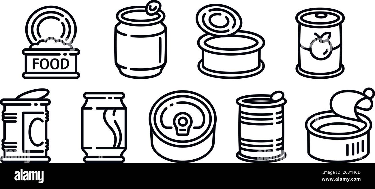 Tin can icons set. Outline set of tin can vector icons for web design ...