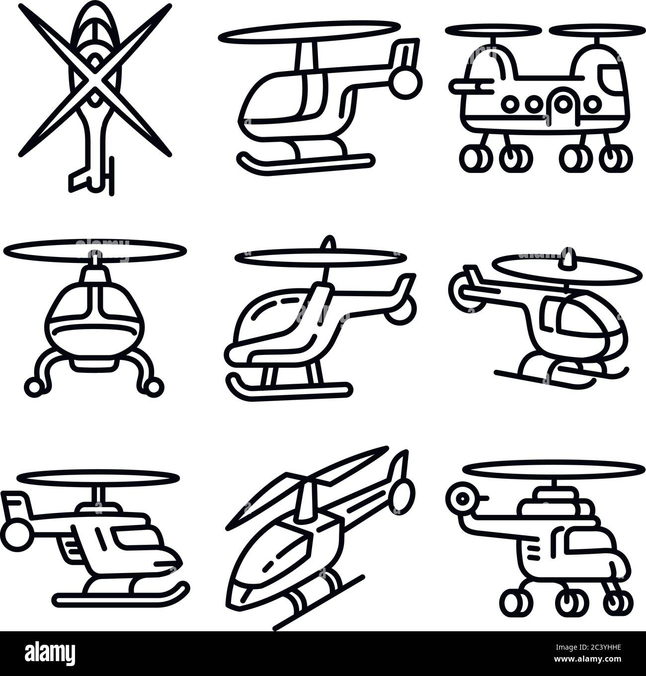 Helicopter icons set. Outline set of helicopter vector icons for web ...