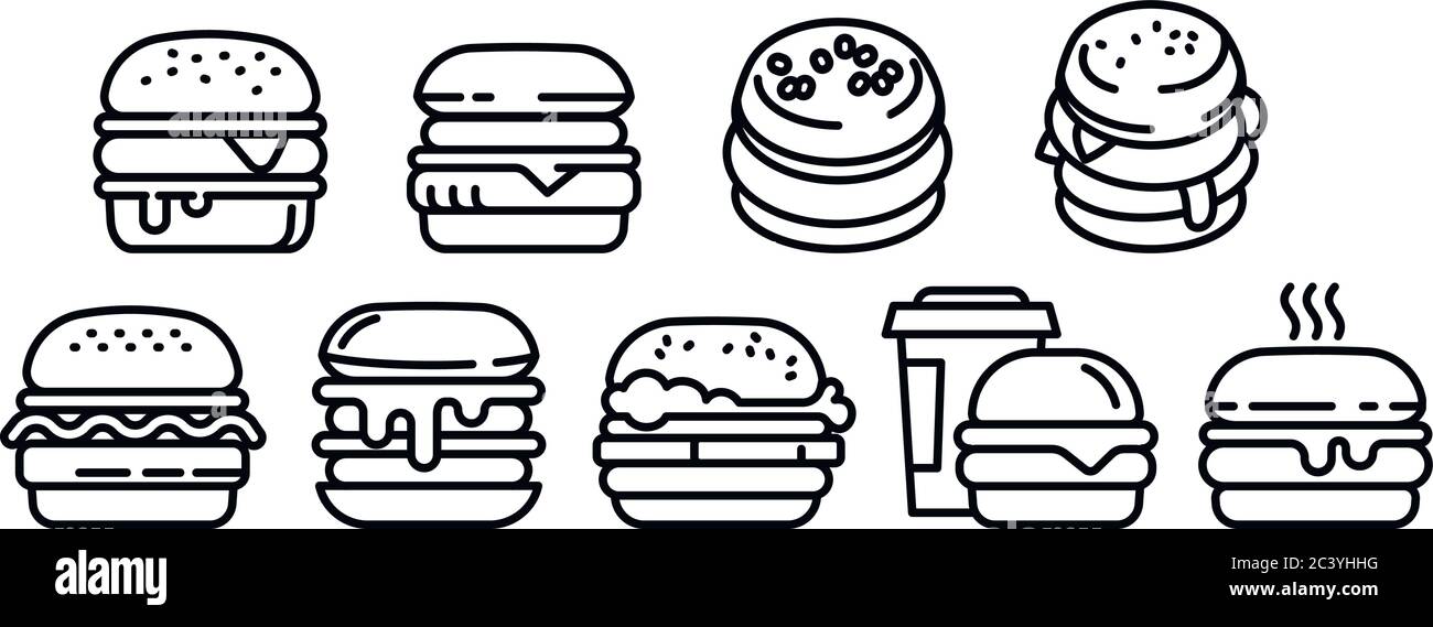 Burger icons set. Outline set of burger vector icons for web design ...
