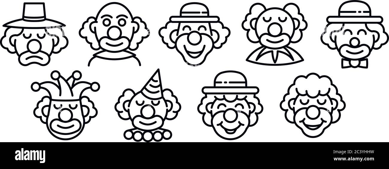 Clown icons set. Outline set of clown vector icons for web design ...