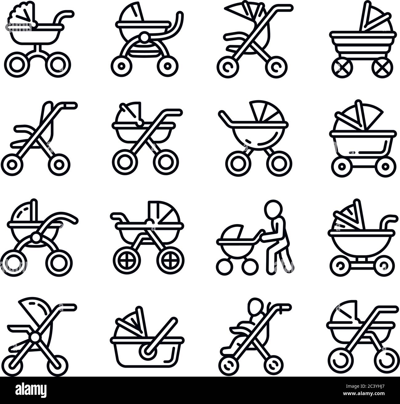 Pram icons set. Outline set of pram vector icons for web design ...