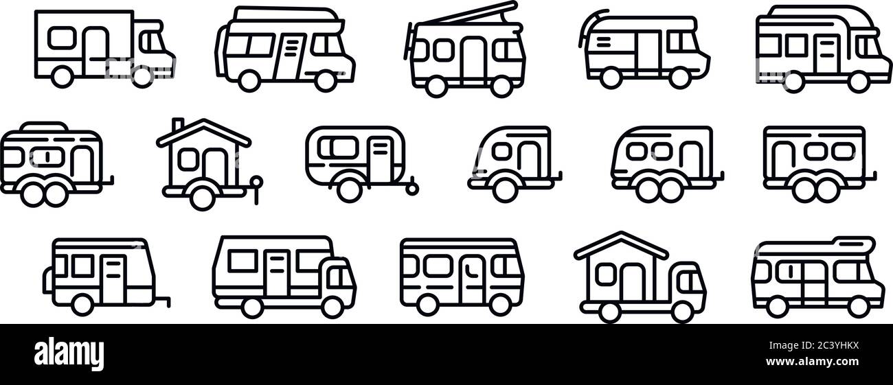 Motorhome icons set. Outline set of motorhome vector icons for web ...