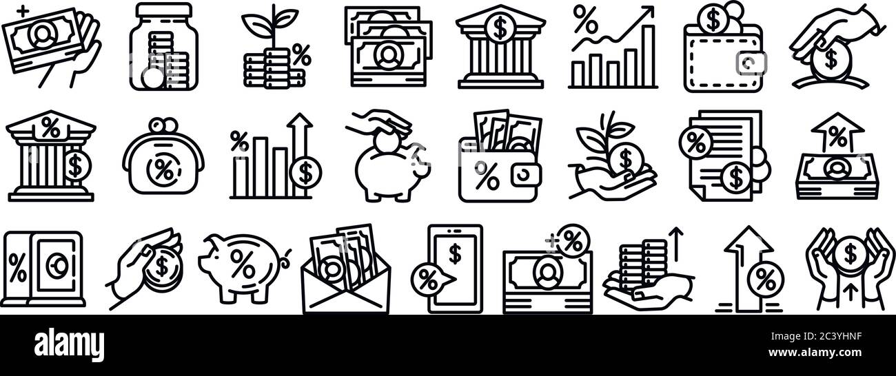 Deposit icons set. Outline set of deposit vector icons for web design ...