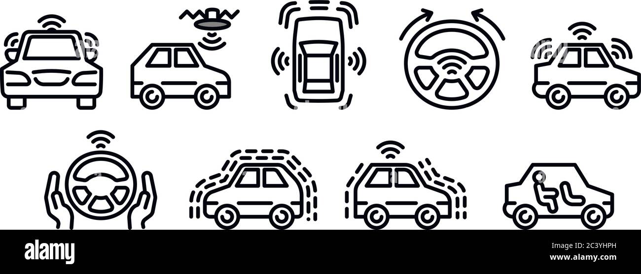 Driverless car icons set. Outline set of driverless car vector icons ...