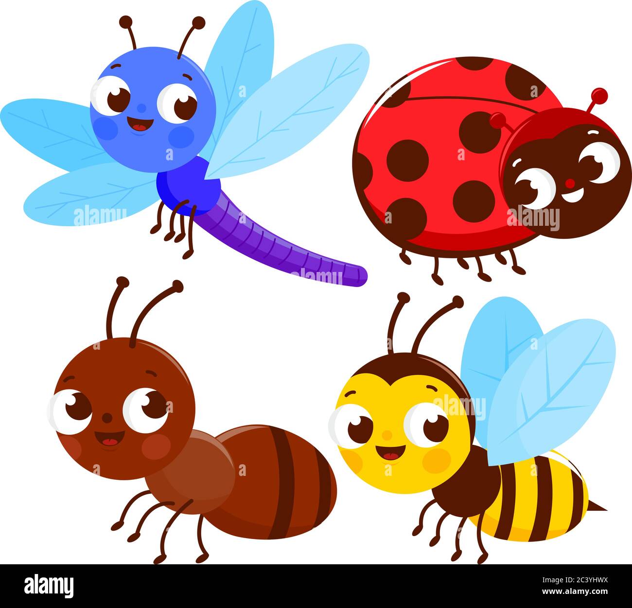 Set of cute colorful bugs. A dragonfly, a ladybug, an ant and a bee ...