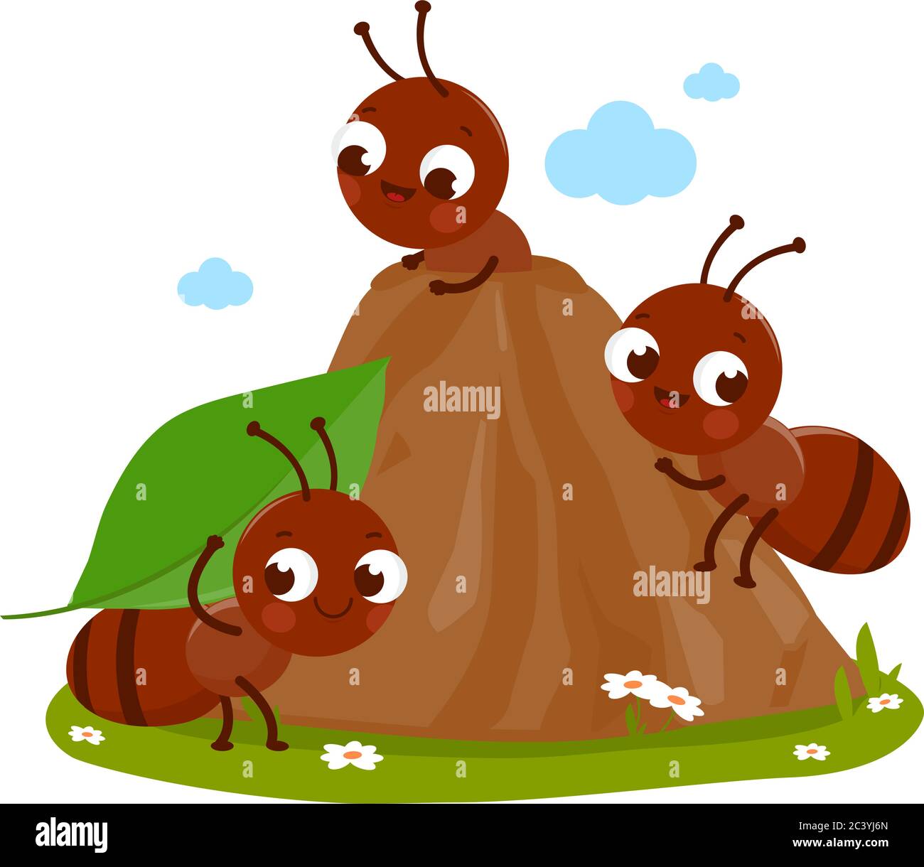 Anthill and ant workers carrying food into their nest. Vector ...