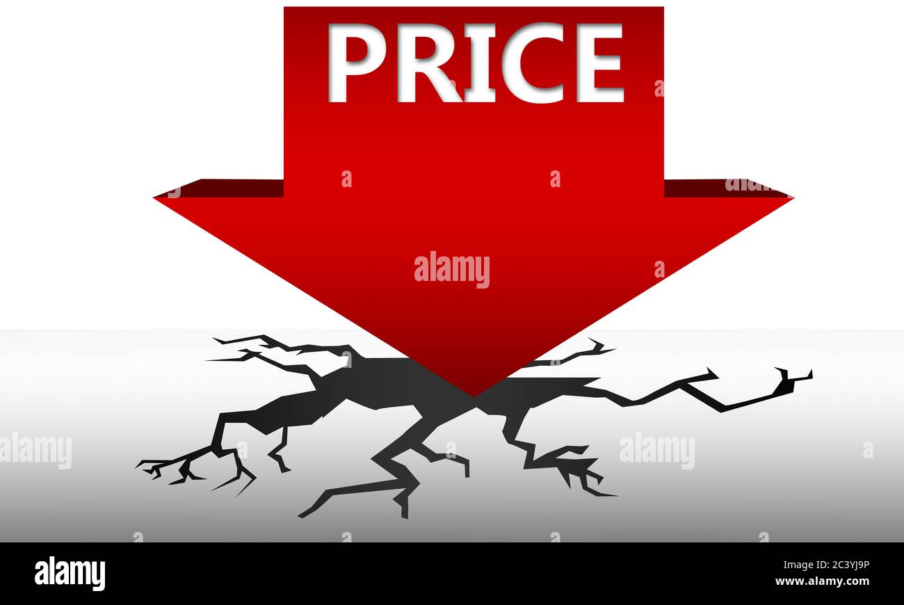 Price down concept with red dollar down to ground, 3d rendering Stock ...