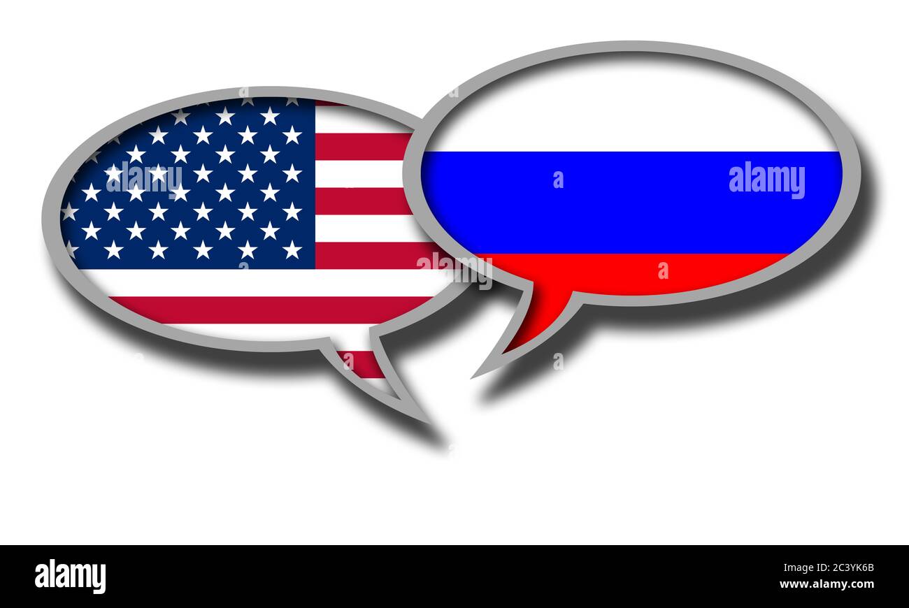 Russia and America flag speech bubbles isolated, 3d rendering Stock ...