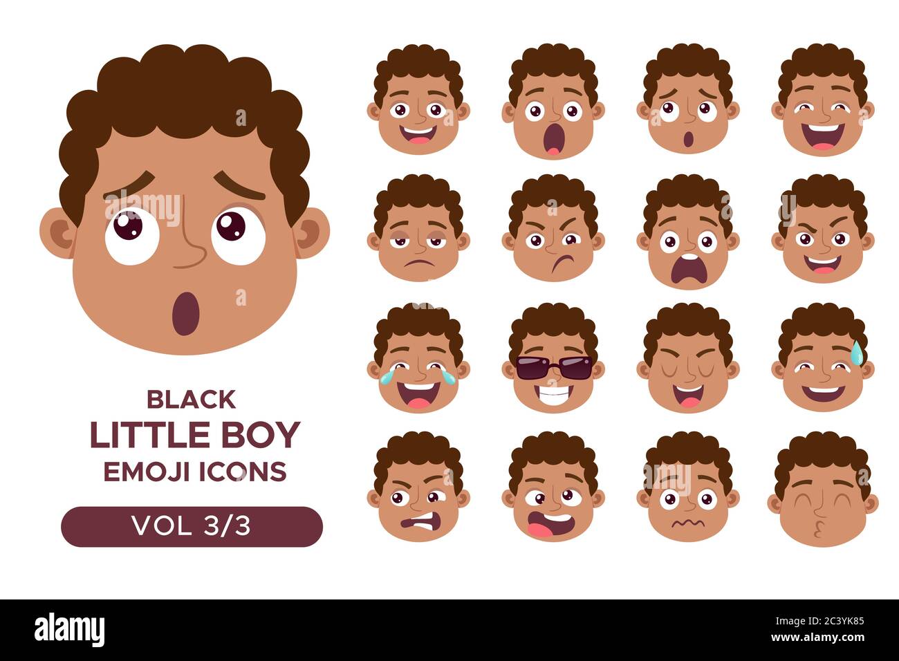 Boy facial emotion avatar set. Black little boy emoji character with ...