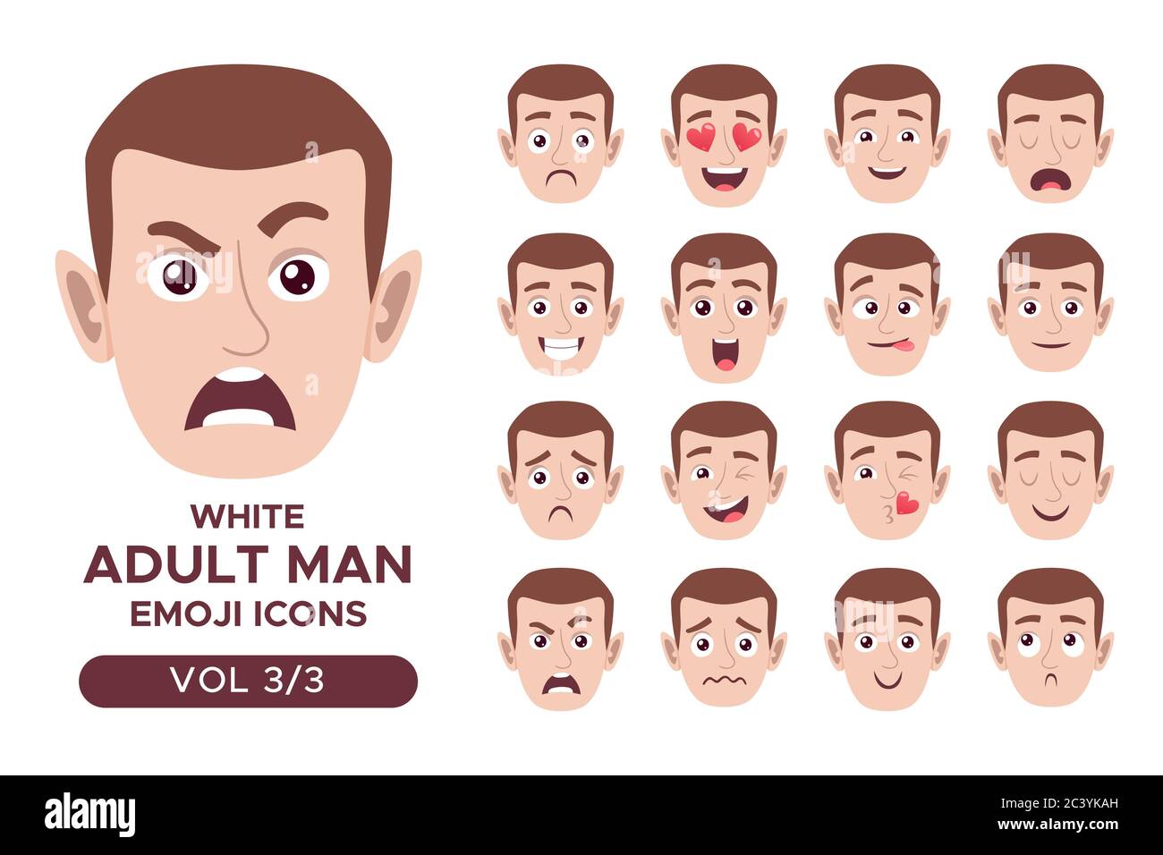 Male facial emotion avatar set. White adult man emoji character with ...