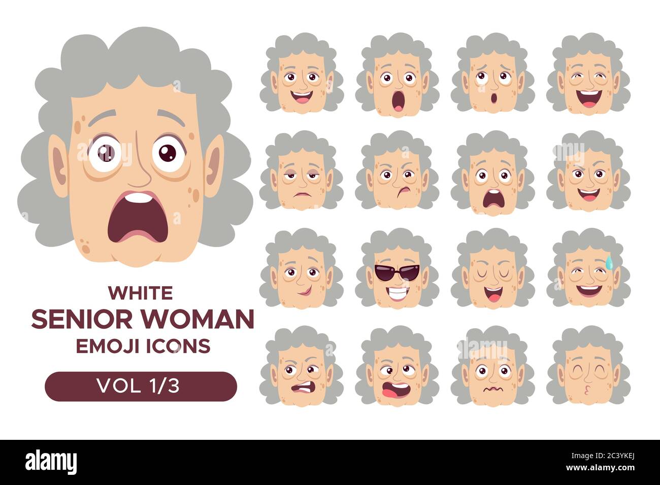 Female facial emotion avatar set. White senior woman emoji character ...