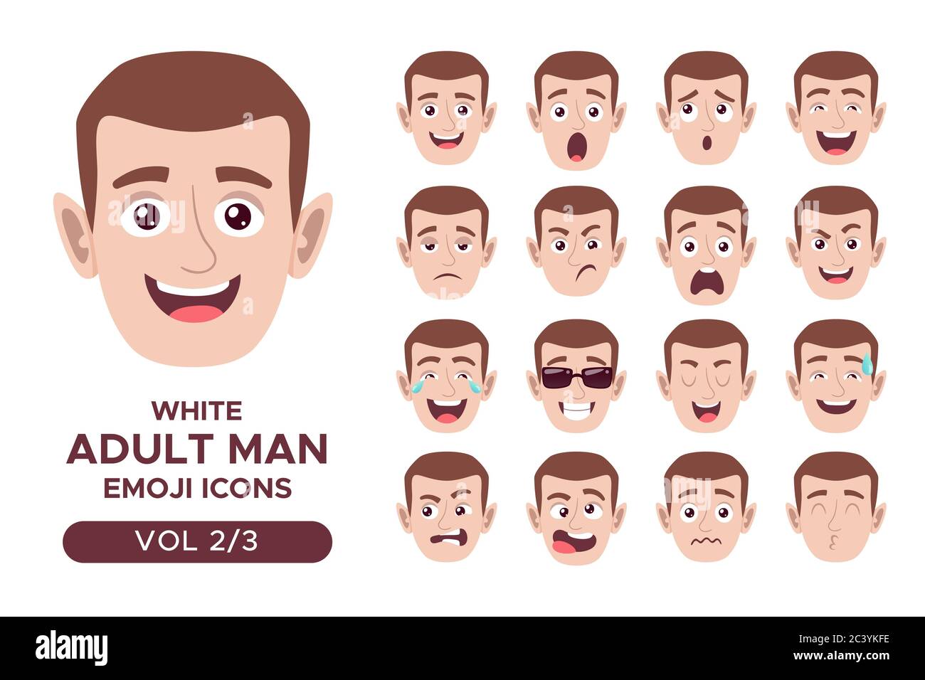 Male facial emotion avatar set. White adult man emoji character with ...