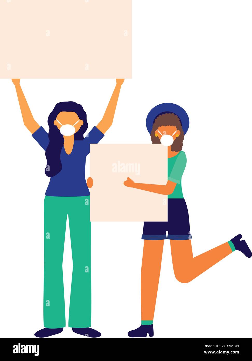 Women with medical masks and banners boards design, Manifestation ...