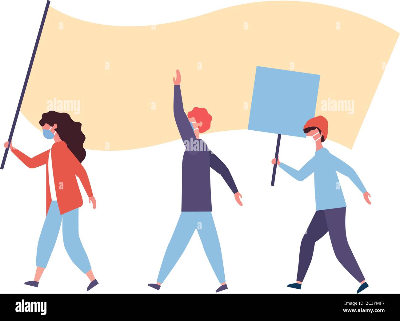 people with medical masks and banners boards design, Manifestation ...