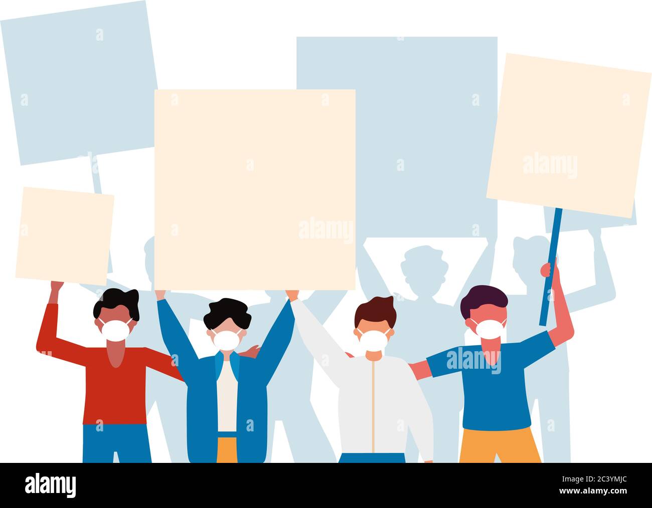 Men with medical masks and banners boards design, Manifestation protest ...