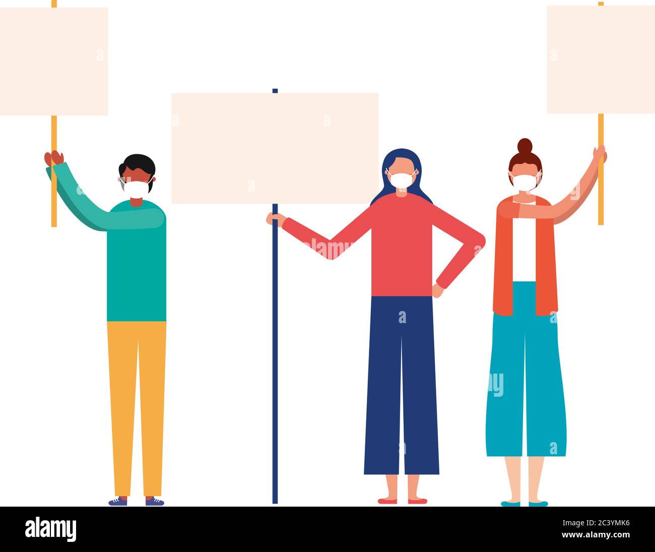 people with medical masks and banners boards design, Manifestation ...