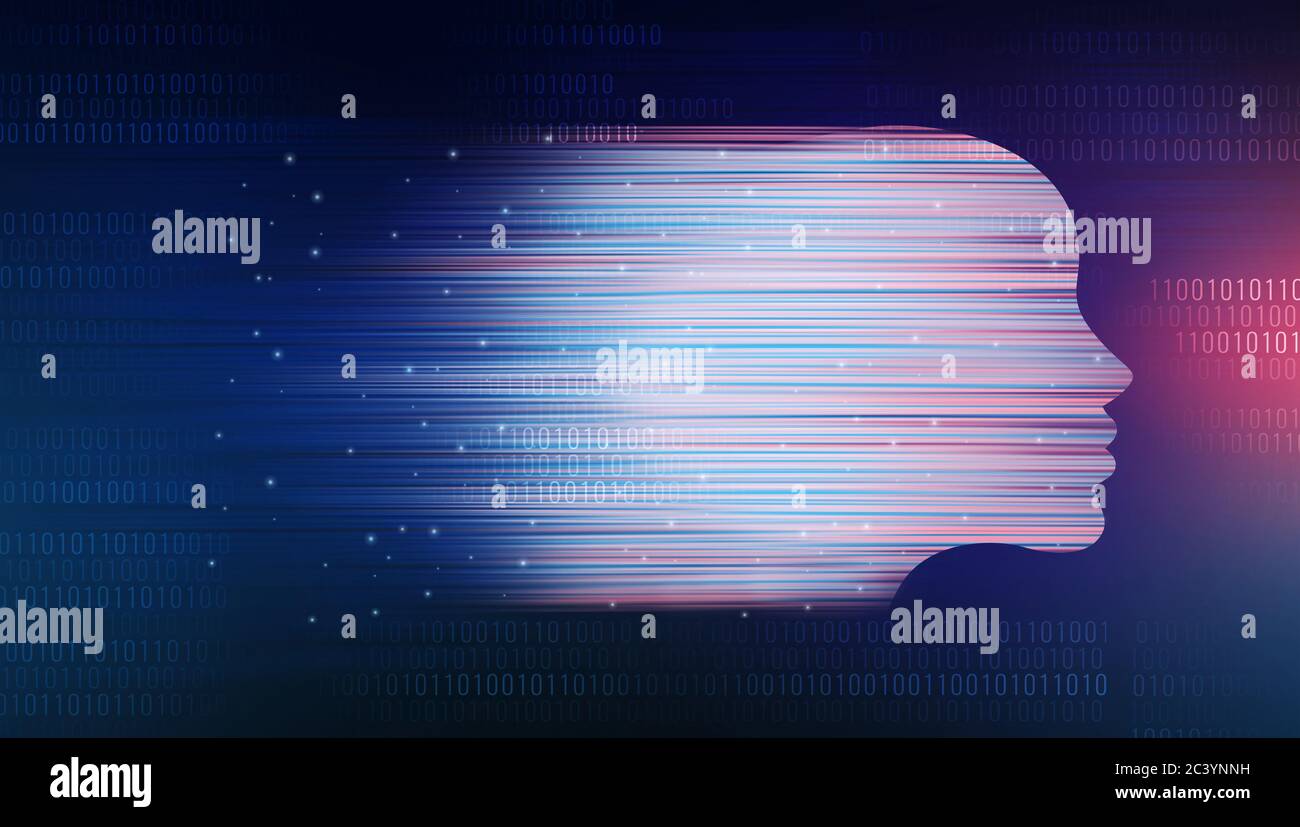 Artificial intelligence. Conceptual illustration human head silhouette fading into binary code ...