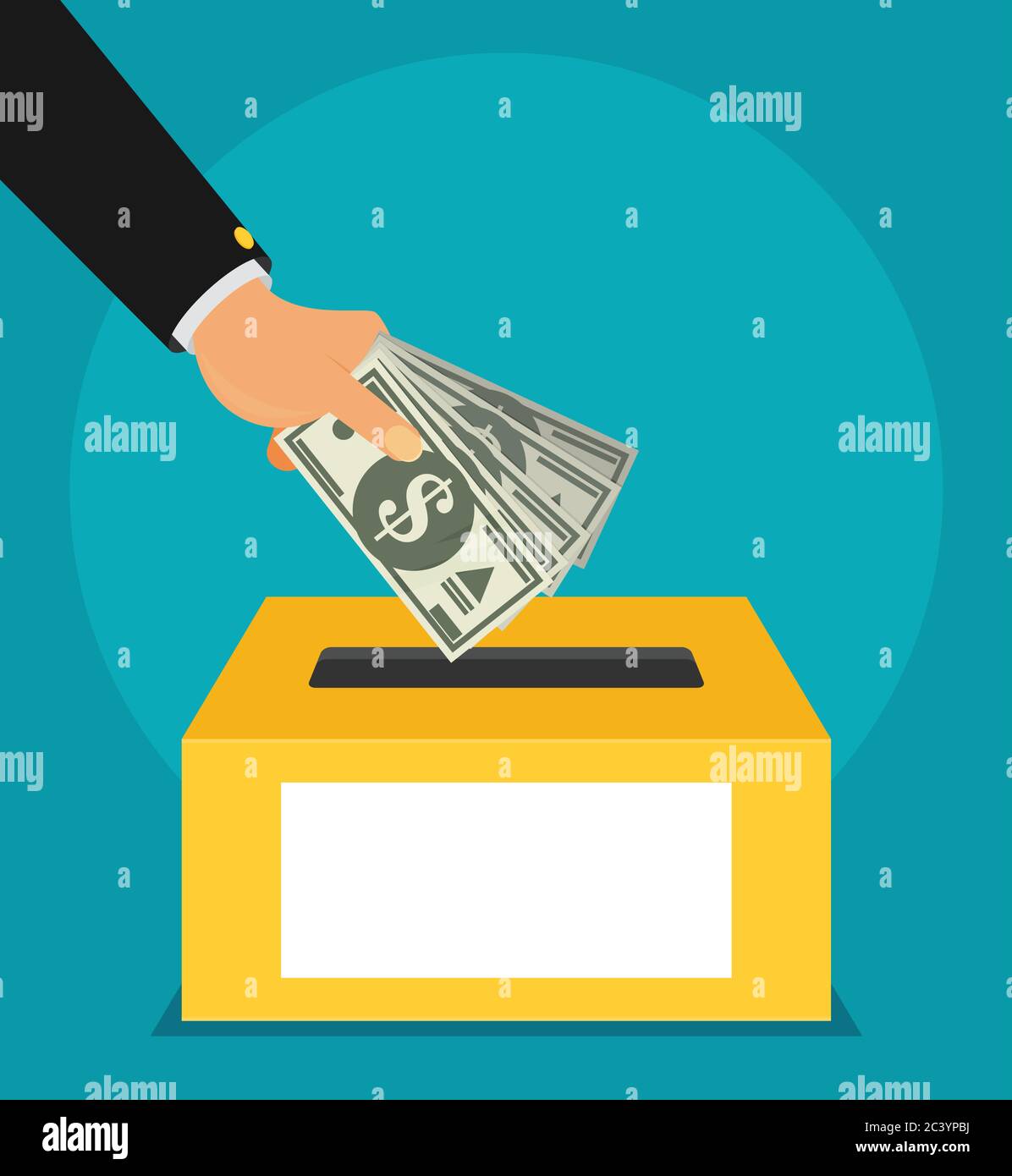 Hand putting money in to the donation box. Flat vector illustration ...
