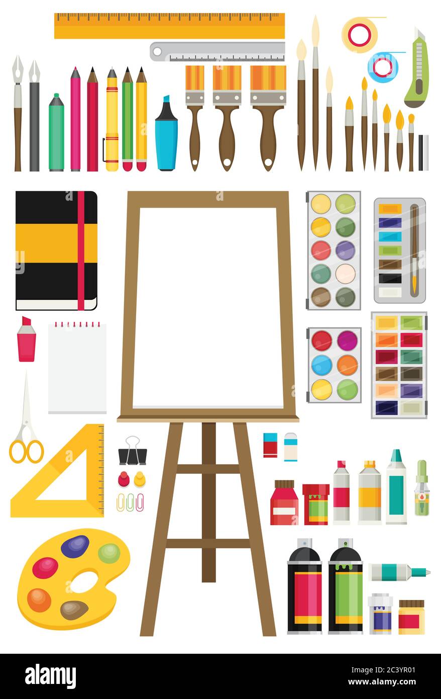 Colored flat design vector illustration icons set of art supplies, art ...