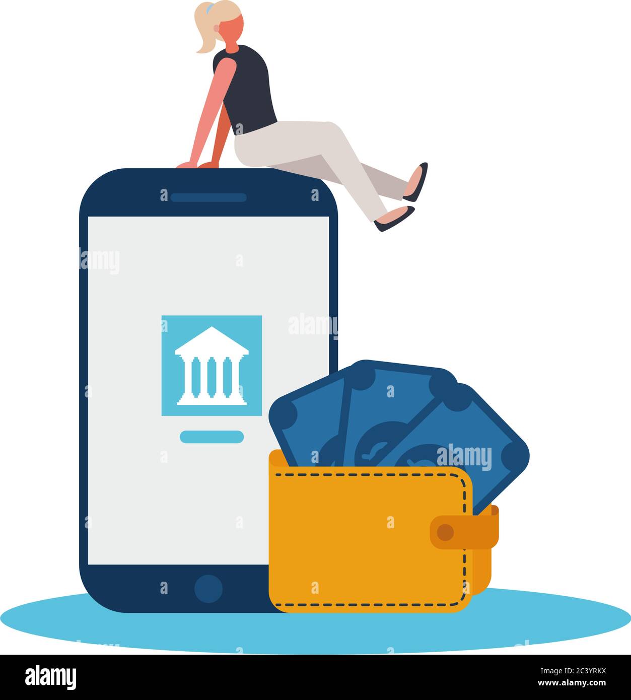 woman avatar with smartphone and bank of Online payments money and ...