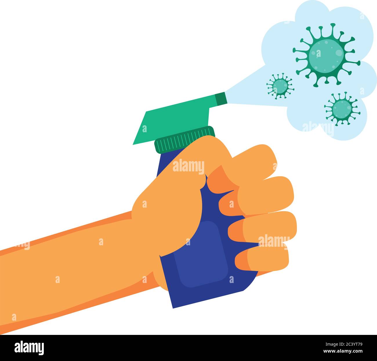 Hand holding sanitizer spray bottle and covid 19 virus design ...