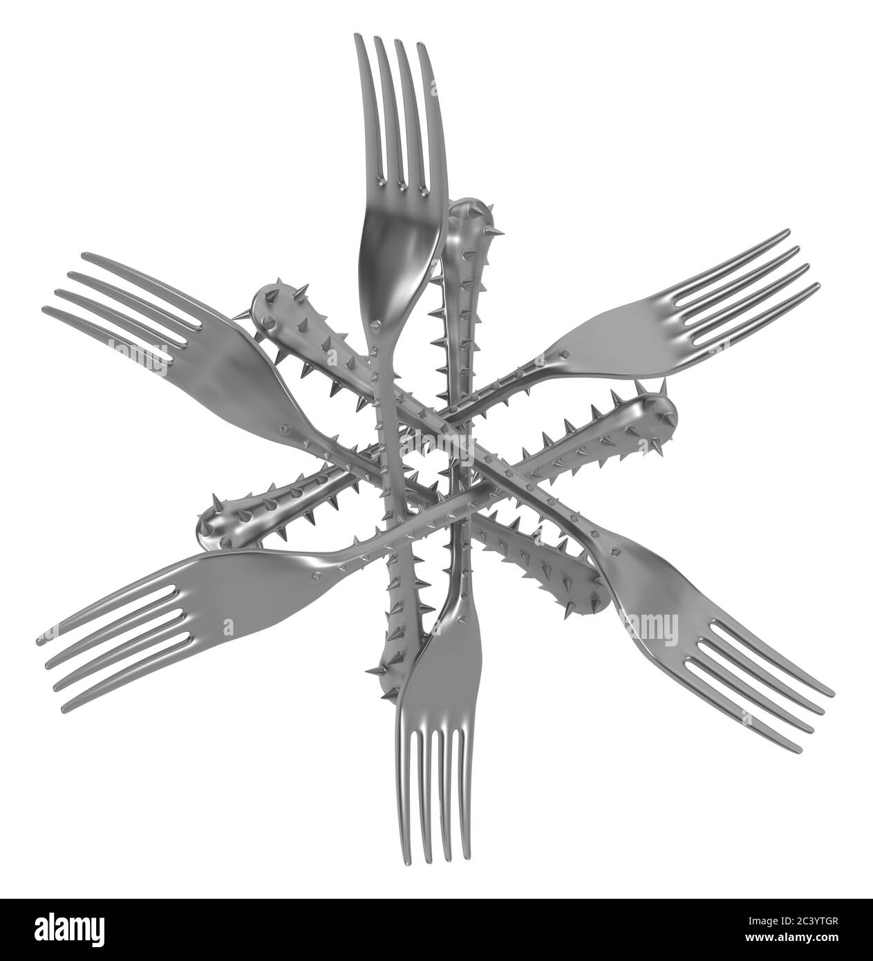 Fork handle covered in sharp spikes group shape six points, metaphor 3d ...