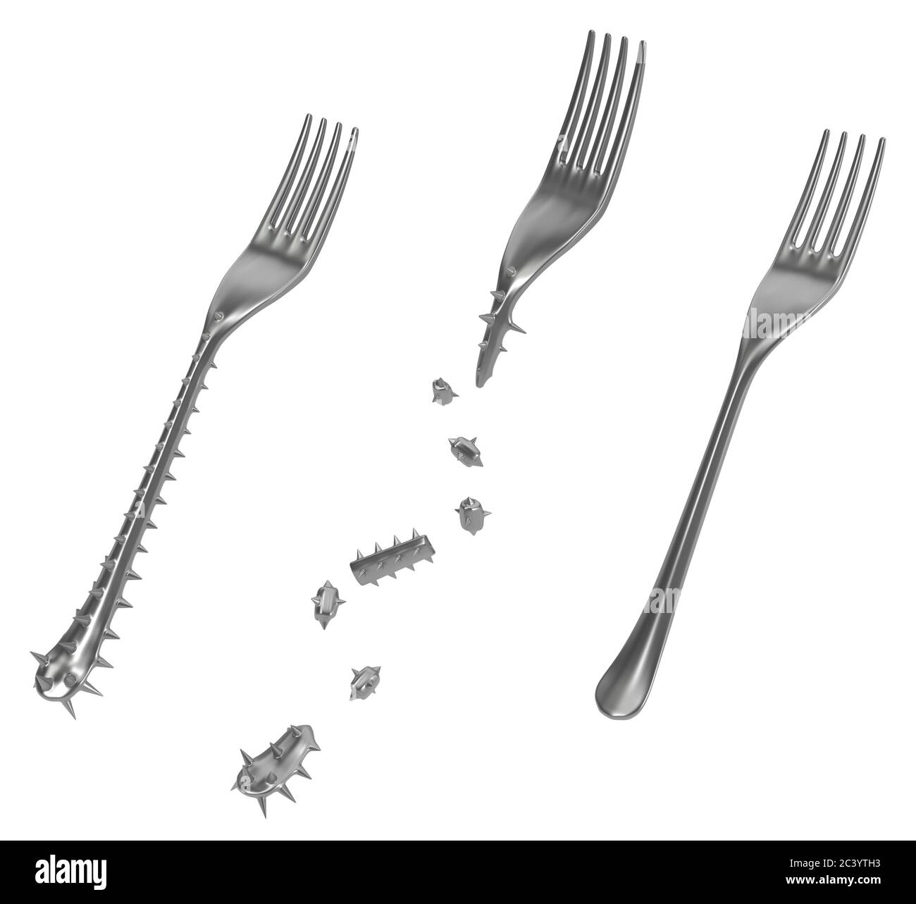 Fork handle covered in sharp spikes break apart, metaphor 3d ...