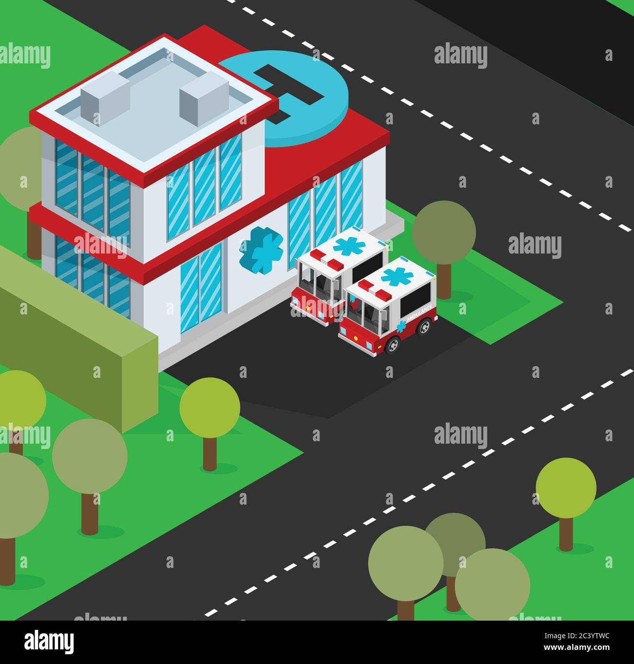 Isometric hospital and ambulance building with parking and 3d cars ...
