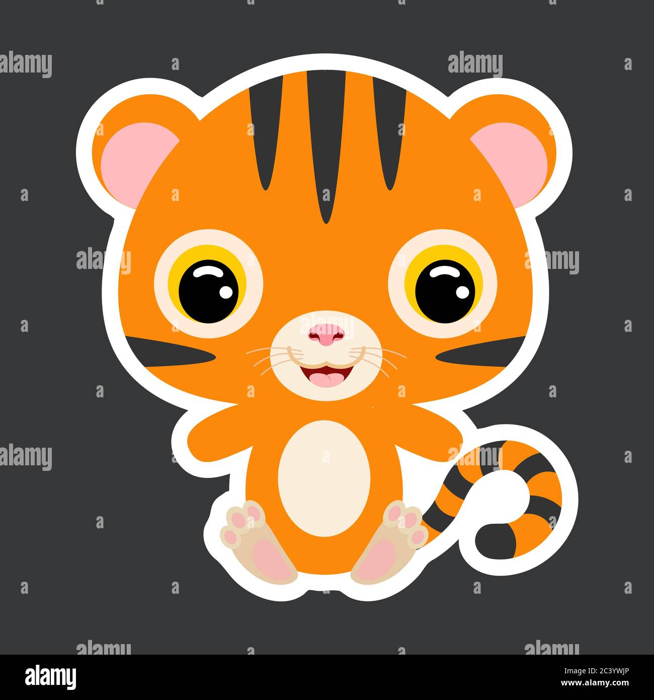 Children's sticker of cute little sitting tiger. Jungle animal. Cartoon ...