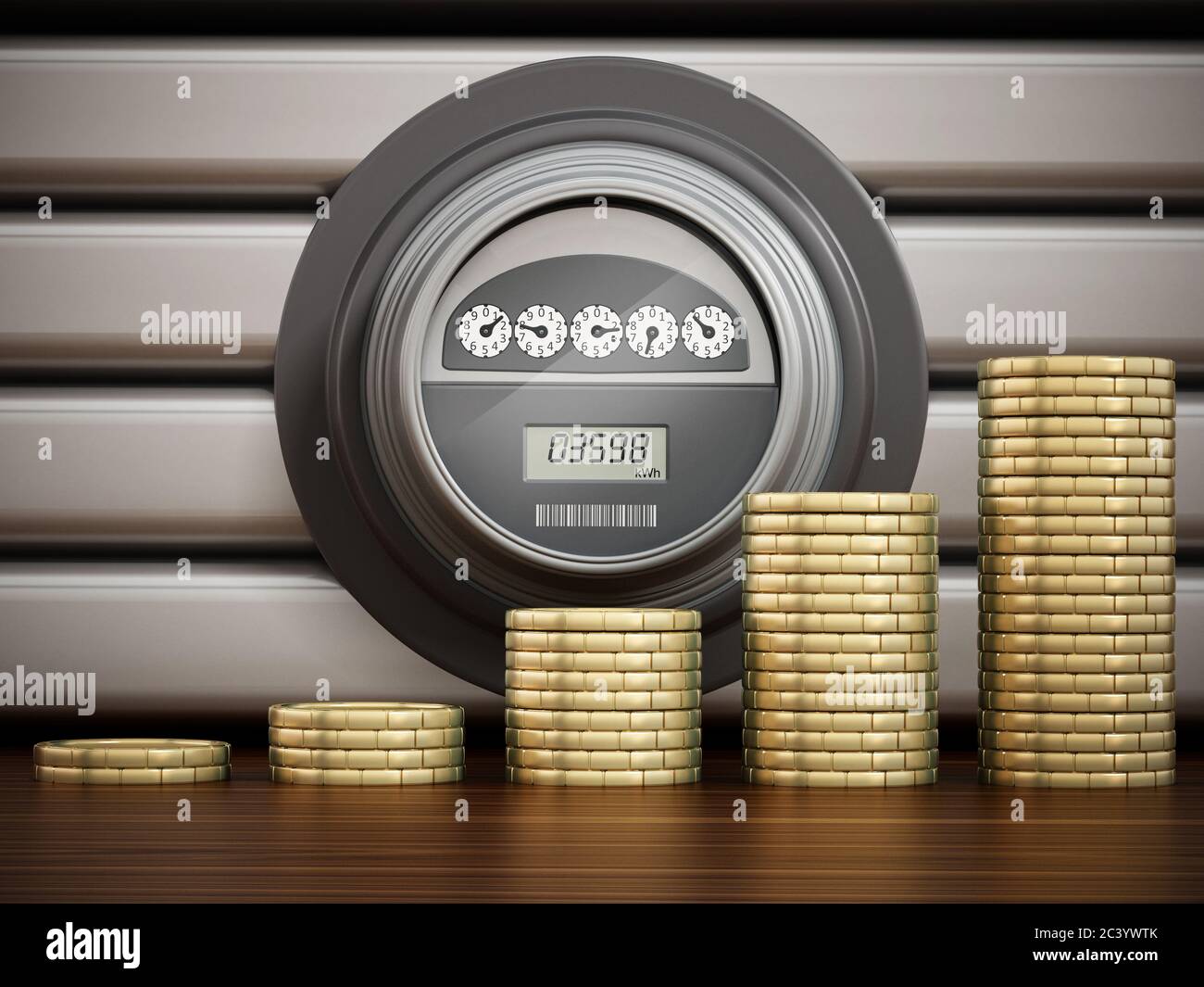 Rising gold coins standing in front of an electric meter. 3D ...