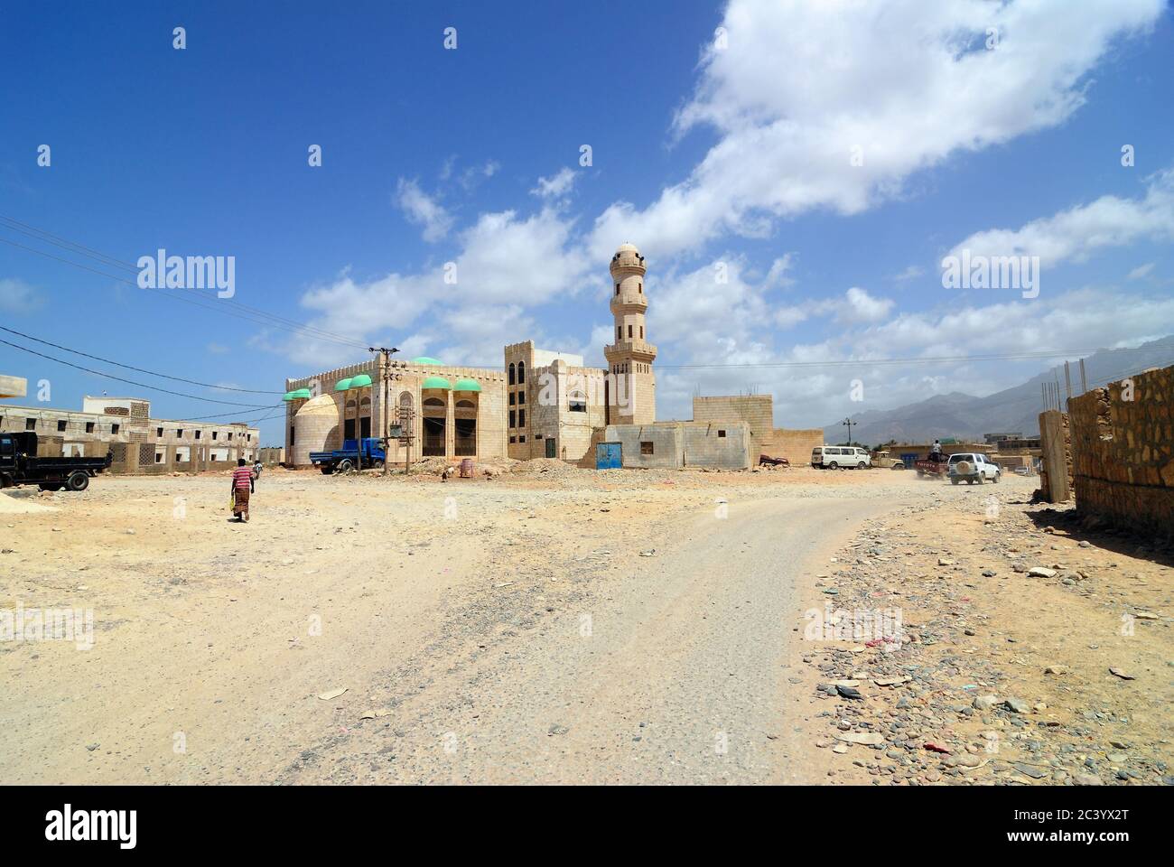 Hadibo, YEMEN - MAR 10: Main street with mosque of capital of Socotra ...