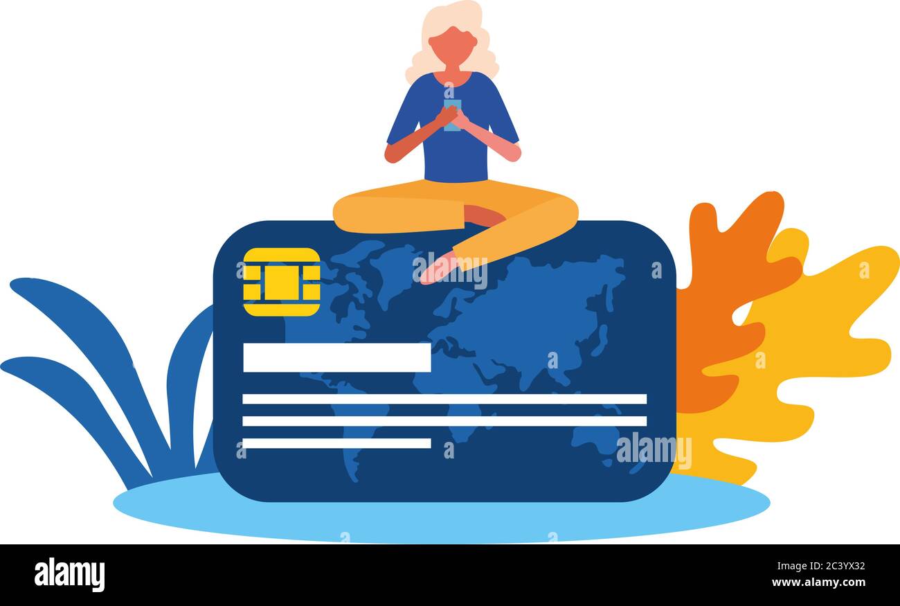 woman avatar with smartphone and credit card of Online payments money ...