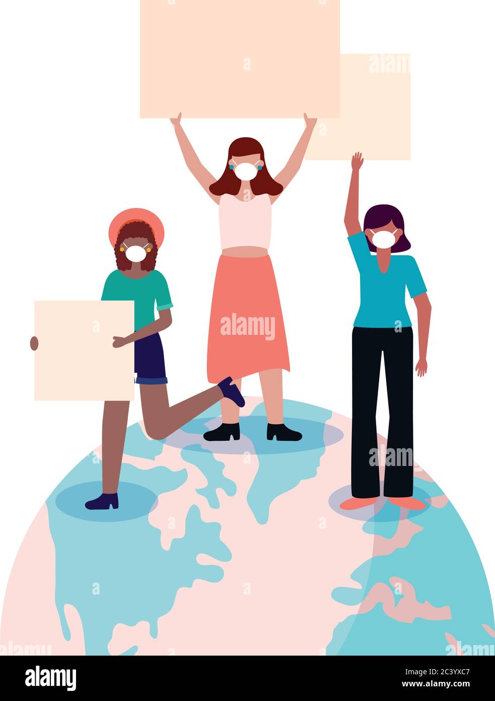 Women with medical masks and banners boards on world design ...