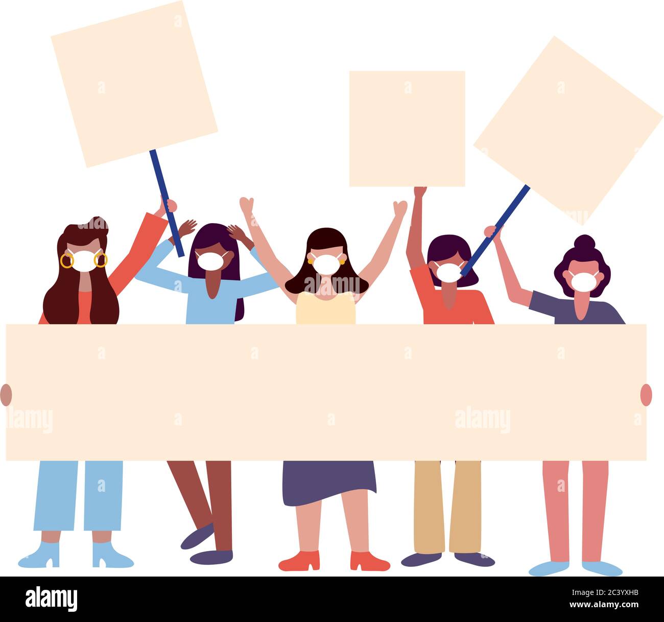 Women with medical masks and banners boards design, Manifestation ...
