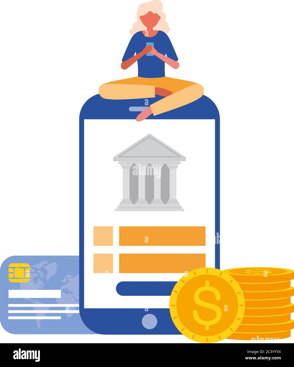 woman avatar with smartphone and bank of Online payments money and ...
