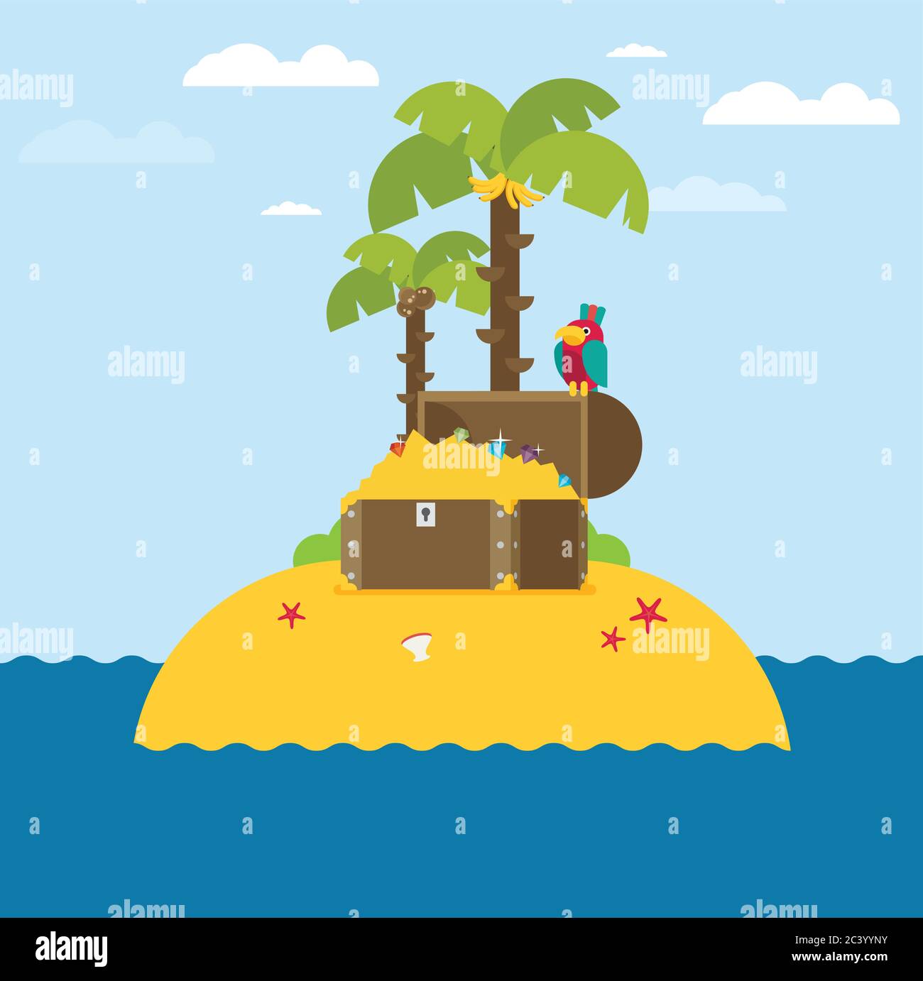 open treasure chest and pirates stuff on a desert island flat design ...