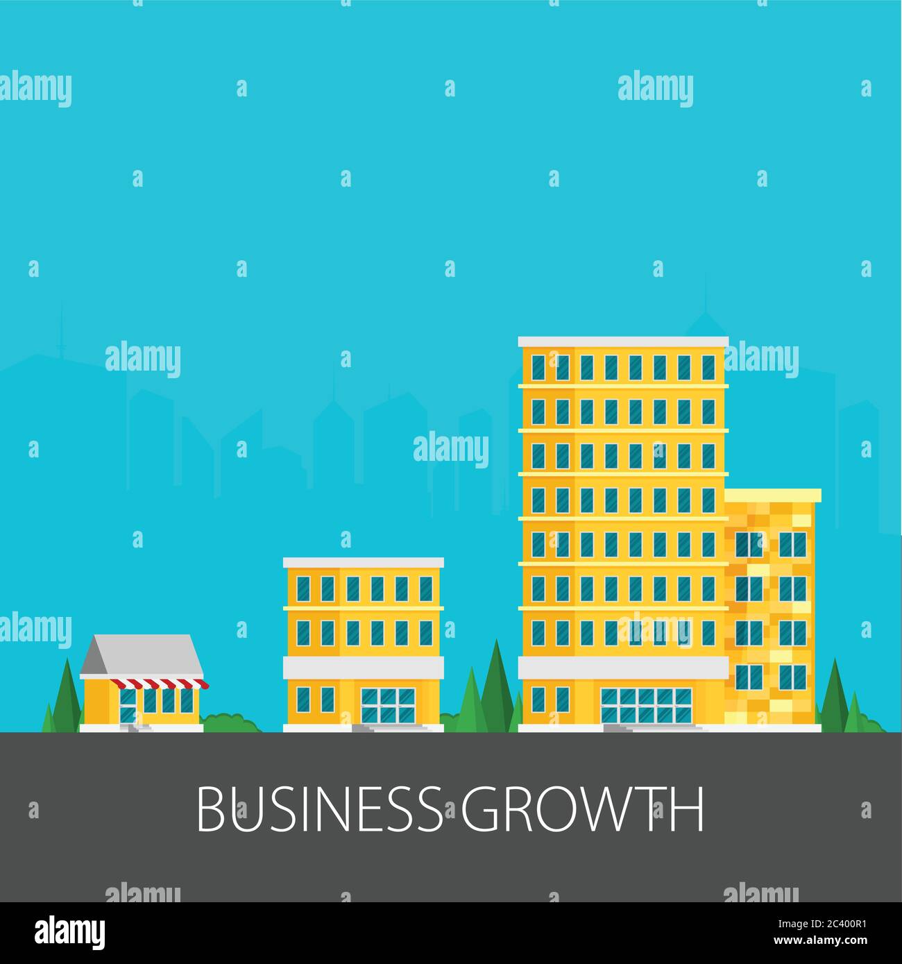Growth of business. Buildings of company small, middle and big. Flat ...