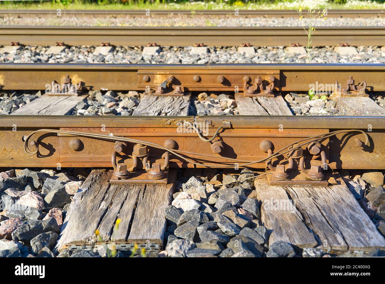 Railroad closeup. Railway tracks, Iron rusty train railway detail over ...