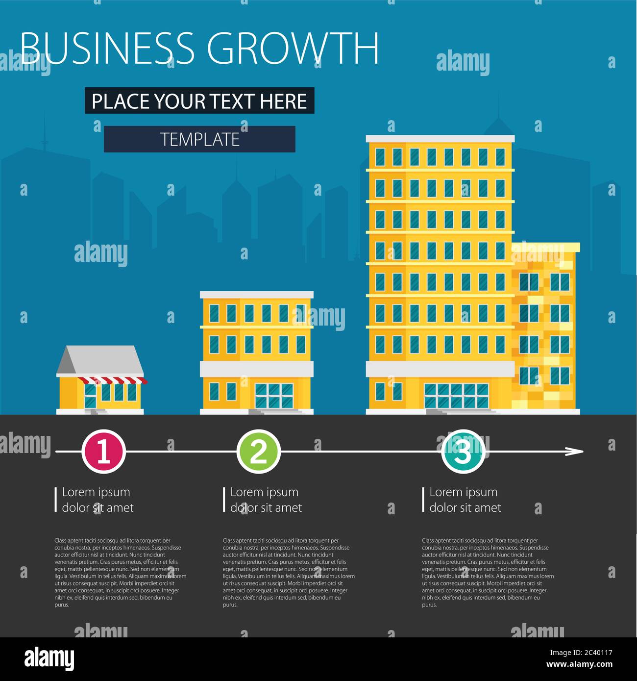 Growth of business. Buildings of company small, middle and big. Flat ...