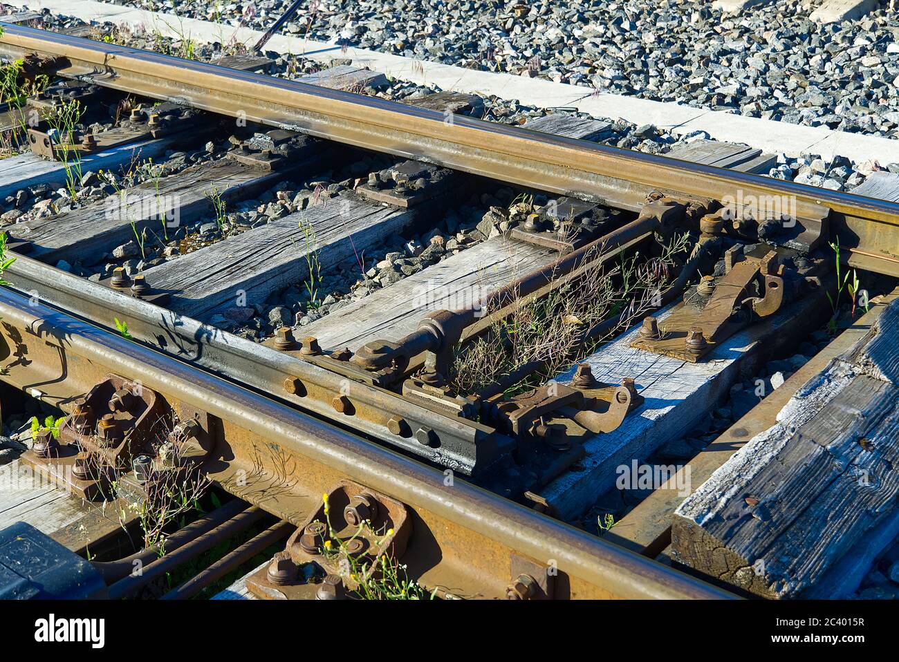 Railroad closeup. Railway tracks, Iron rusty train railway detail over ...