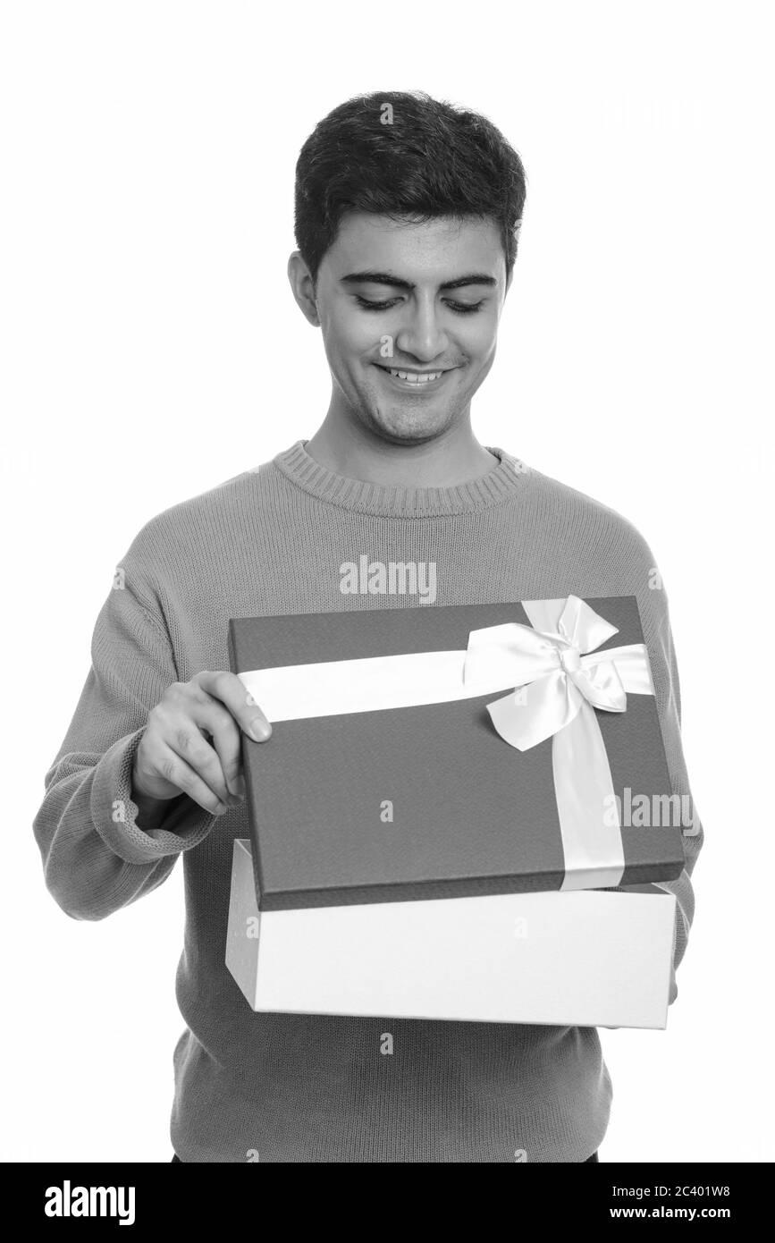 Man opening box happy Black and White Stock Photos & Images - Alamy