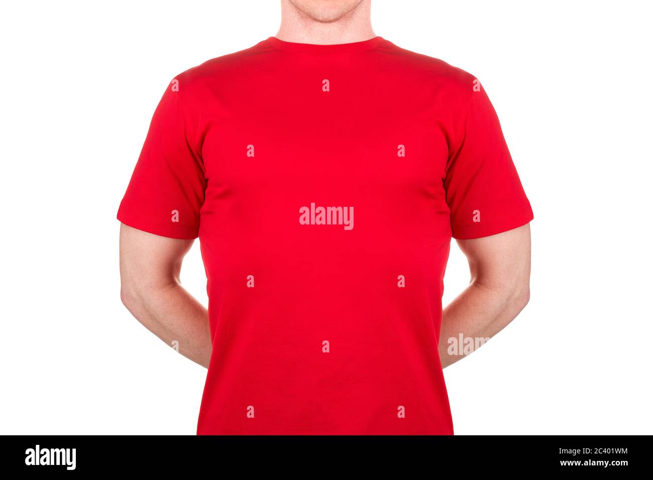 Man in red t-shirt hiding something behind his back isolated on white ...