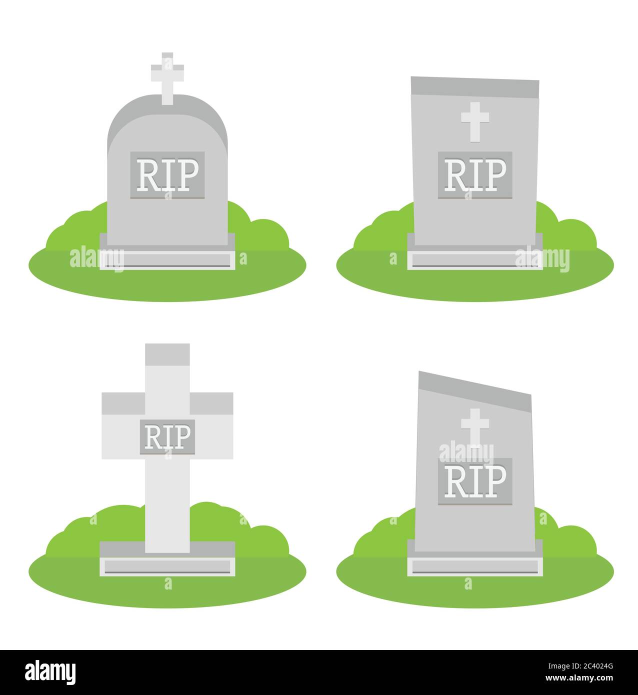 Vector illustration grey gravestone with cross on green grass. Flat tombstone icon set Stock ...