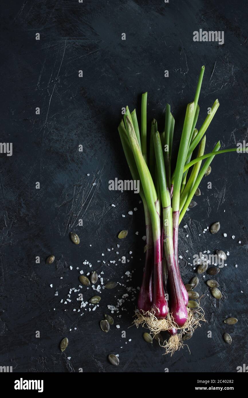 purple spring onions on dark table background Stock Photo - Alamy