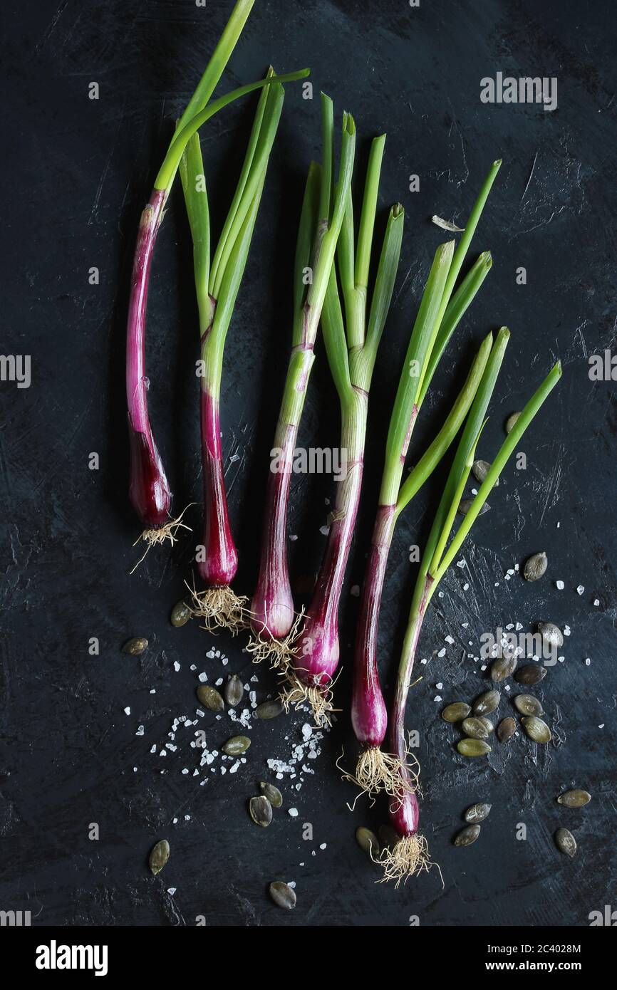 purple spring onions on dark table background Stock Photo - Alamy