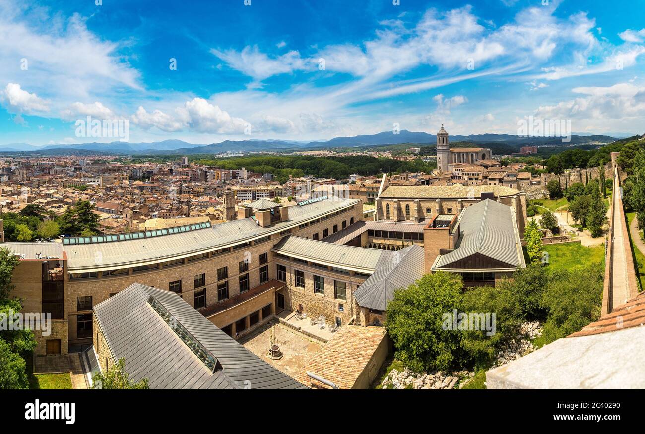 Panoramic aerial view of Girona and cathedral in a beautiful summer day ...