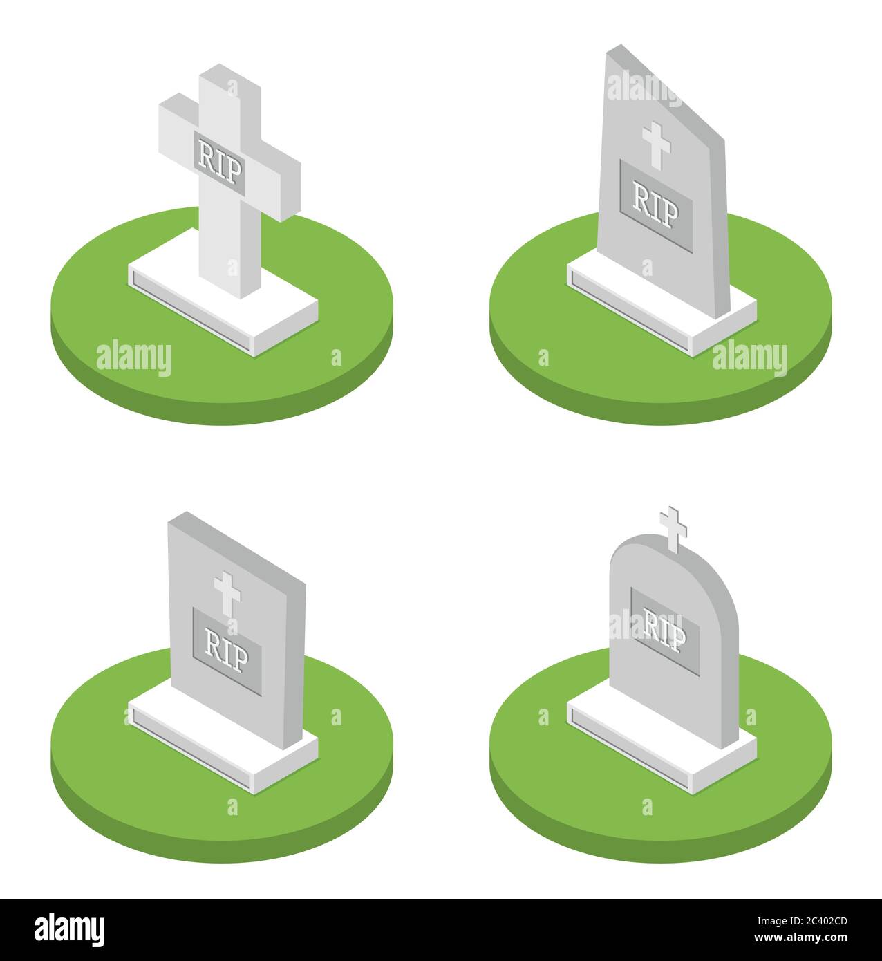 Vector illustration grey gravestone with cross on green grass. Flat isometric tombstone icon set ...