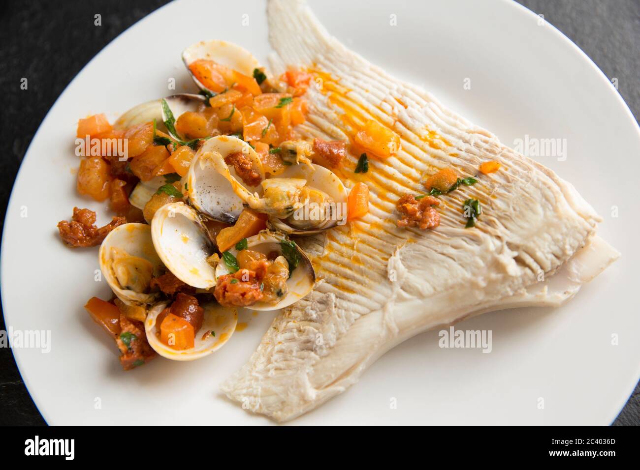 A ray wing from a thornback ray, Raja clavata, that has been poached in ...