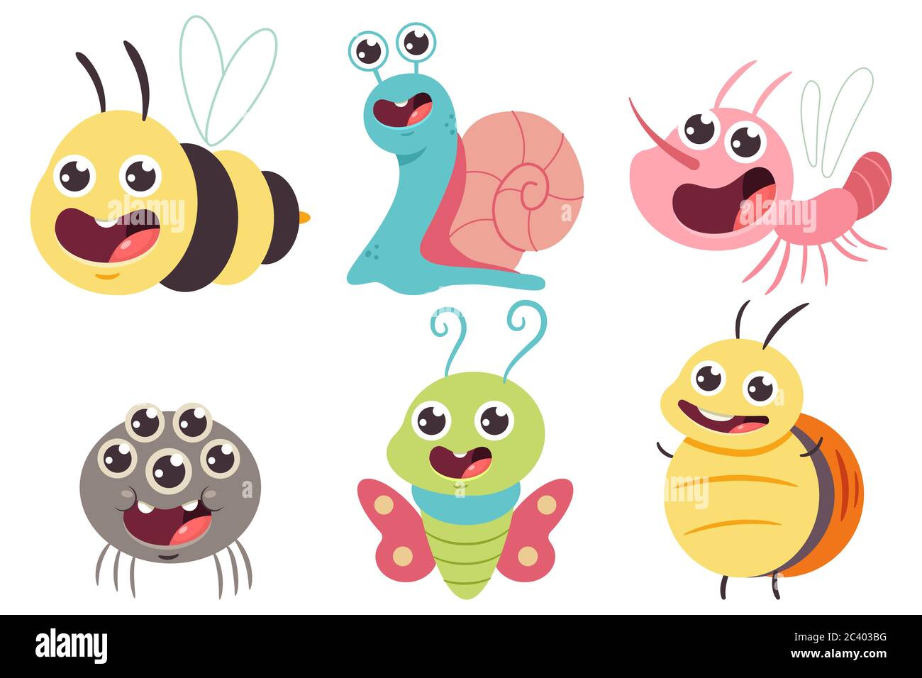 Cute bug vector cartoon set. Funny bumblebee, snail, butterfly, spider ...